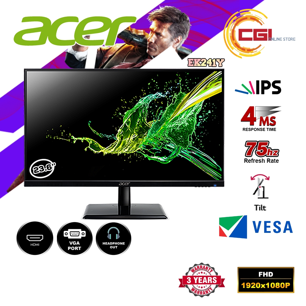 Acer 23.6" EK241Y FHD IPS 75Hz 4ms ZeroFrame VisionCare Monitor ...