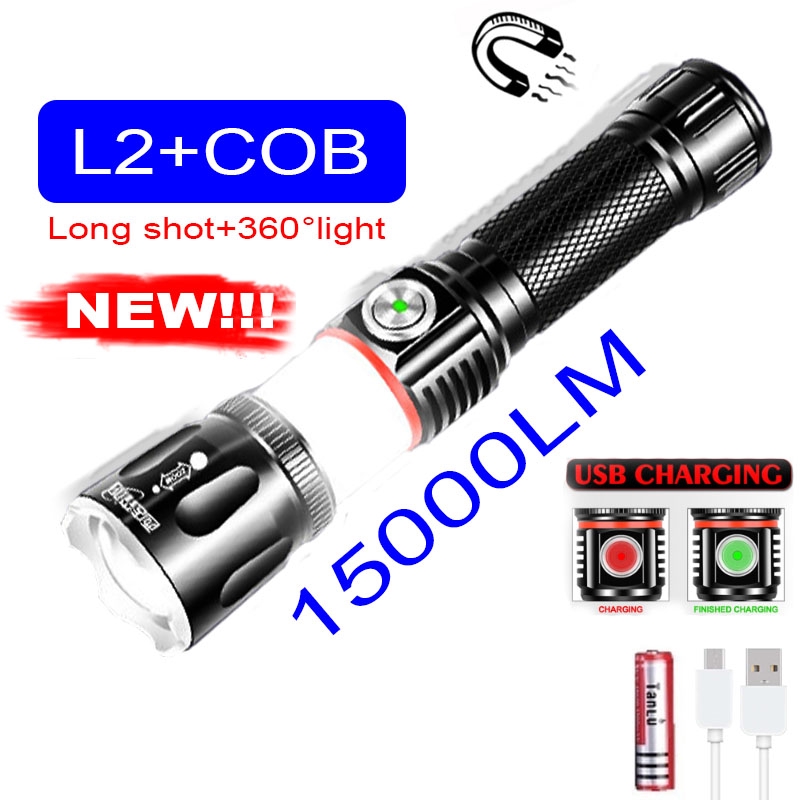 LED Flashlight L2 T6 Torch USB Rechargeable COB LED Flashlight Magnetic ...