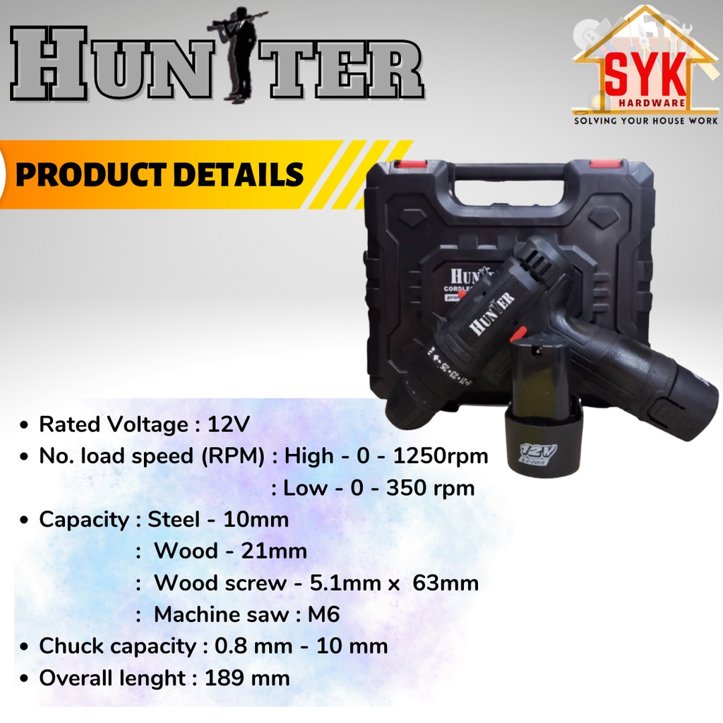 SYK HUNTER HT019 Professional Cordless Driver Drill Battery Drill For Wood Steel Set 12V (With ...