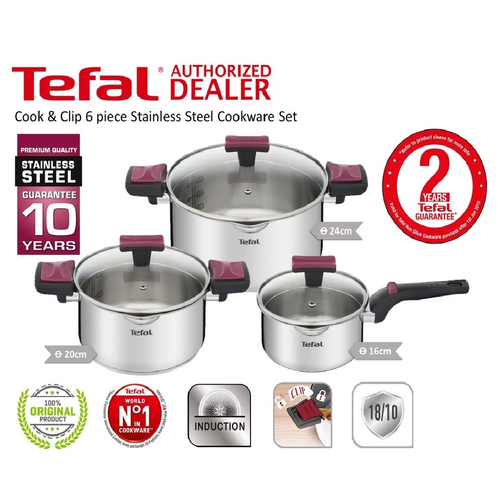 Tefal Cook & Clip 6 piece Stainless Steel Cookware Set G723S6 Induction Stewpot Saucepan Pot ...