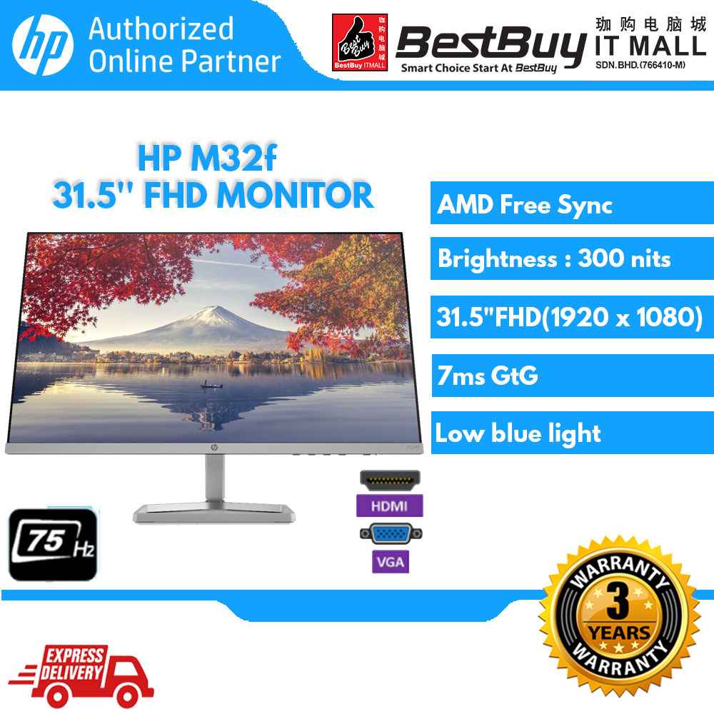 HP M32F Monitor (31.5"/7MS/75HZ/FHD/VA Panel/HDMI/VGA/RGB/AMD Freesync ...