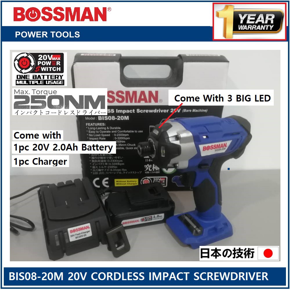 BOSSMAN 20V Cordless Impact Screwdriver BID08-20M C/W 1pc 2.0Ah Battery ...