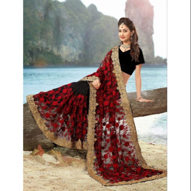 Heavy Net Saree ( Black N Red ) | Shopee Malaysia