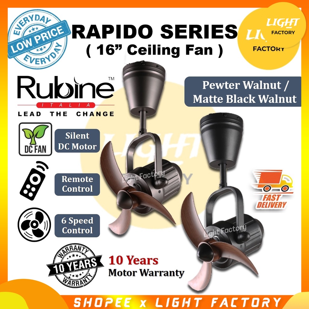 RUBINE RAPIDO Series 16" 3 Blades DC Oscillation Fan 6 Speed Remote ...