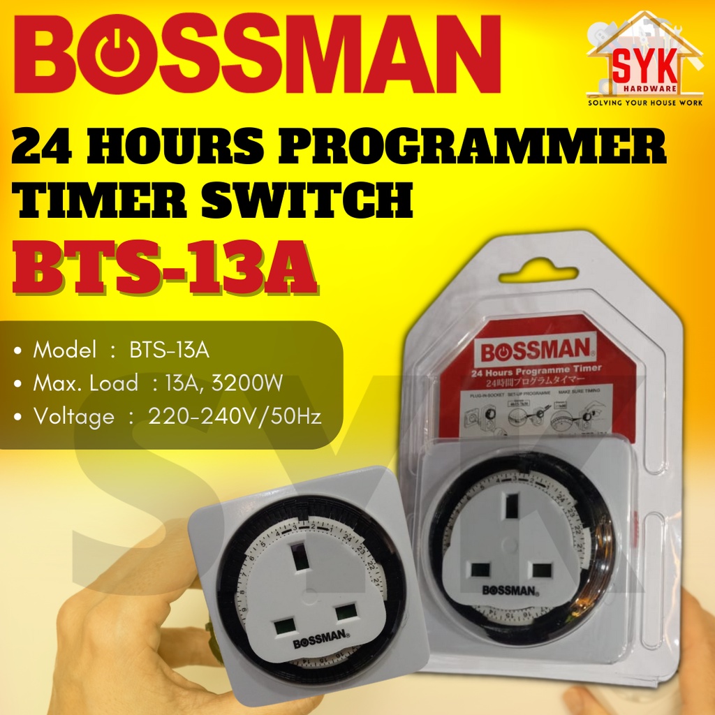 SYK BOSSMAN BTS-13A 13A 3200W 24 Hours Programme Square Timer Switch Plug 3-Pin Plug Adapter 24 ...