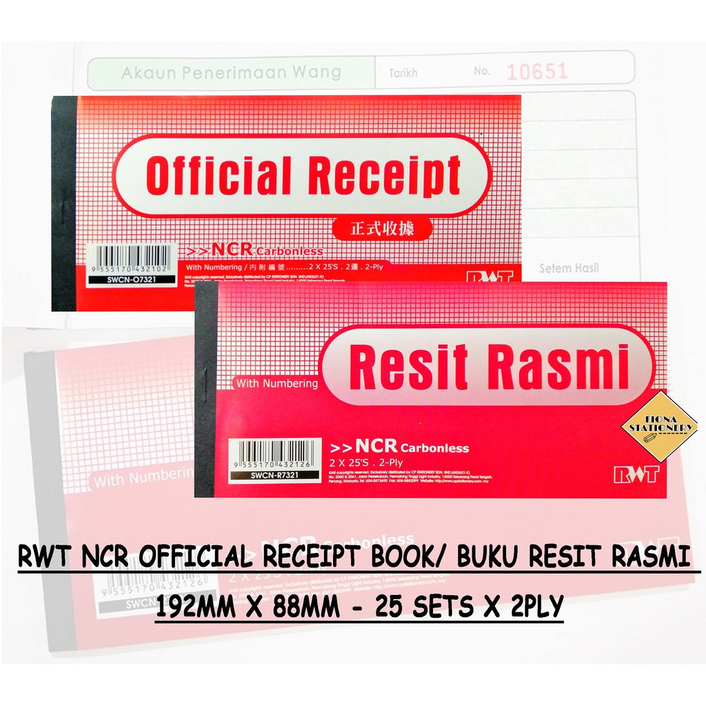 RWT NCR Official Receipt Book/ Buku Resit Rasmi 192mm X 88mm - 25 sets ...