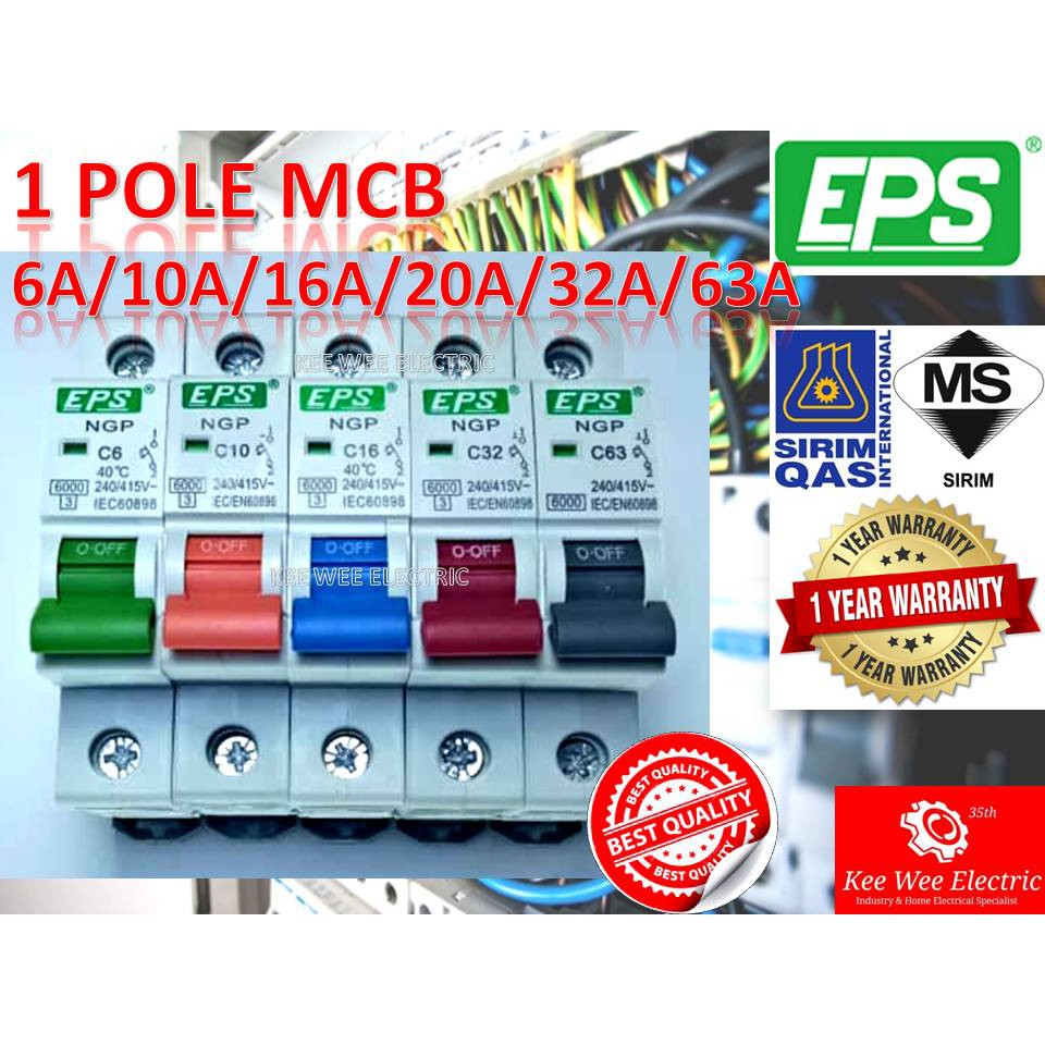 EPS 1Pole MCB 6A / 10A / 16A / 20A / 32A / 63A Miniature Circuit Breaker 6KA (SIRIM Approved ...