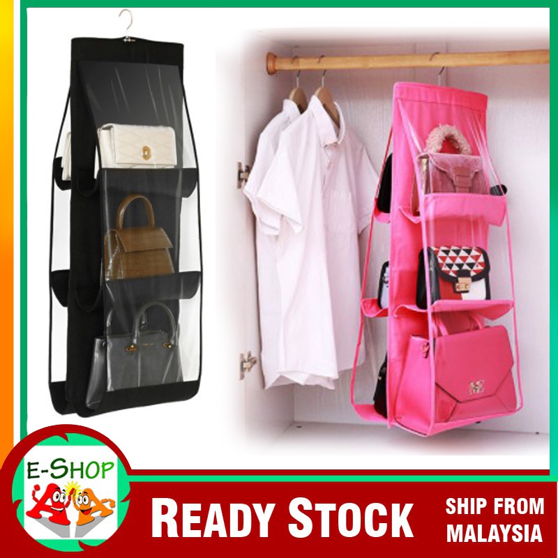 Rak Bag 6 Poket Gantung Simpan Beg Tangan Dompet Besar Cegah Habuk ...
