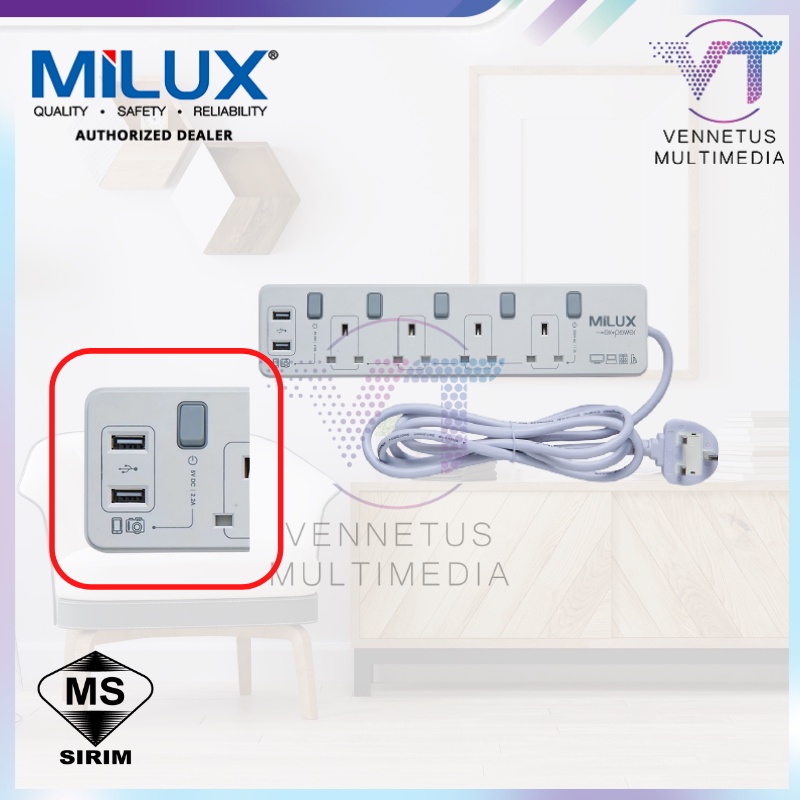 Milux Extension Socket ex power 2.2A USB 4 Gang 4 Way Trailing Socket ...