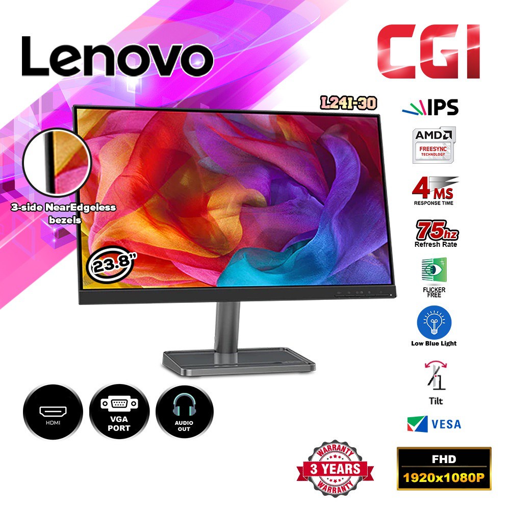 Lenovo 23.8" L24i-30 IPS FHD 75hz 4ms AMD FreeSync NearEdgeless ...