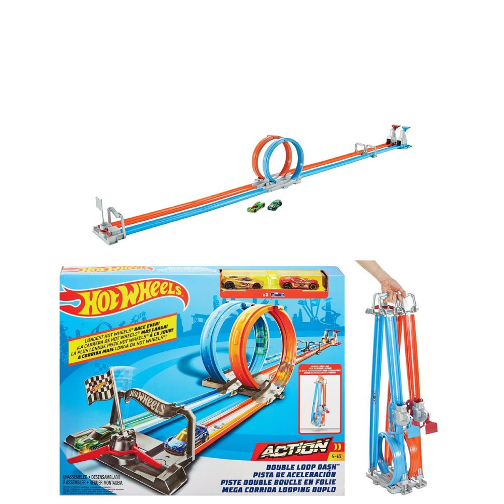 Hot Wheels Double Loop Dash Playset Fold and Go Racetrack Includes 2x ...