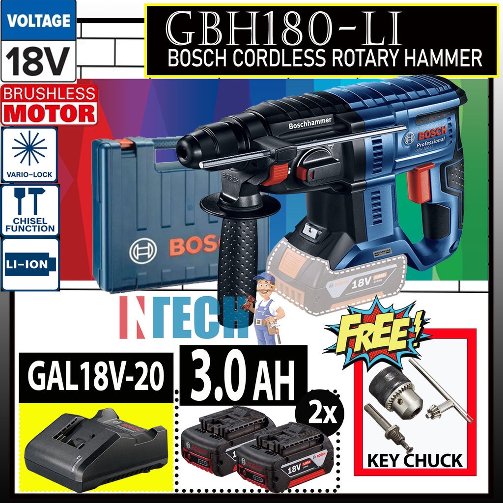 BOSCH GBH180-LI CORDLESS ROTARY HAMMER (BRUSHLESS MOTOR) C/W 2x3.0AH ...