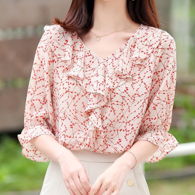 Chiffon Plus Size Blouse Women Summer Fashion V-Neck Floral Printed ...