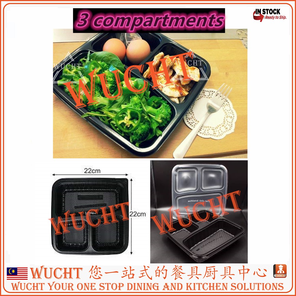 50 Sets x 3 Compartment Takeaway Lunch Box Bento Boxes with Lids ...