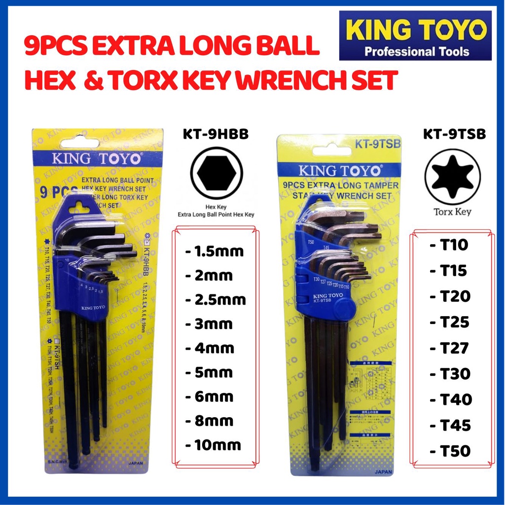 King Toyo 9pcs Extra Long Ball Point Hex Key & Tamper Star Key Torx Key ...