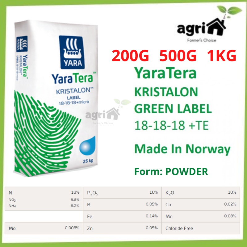 1KG Yara YaraTera KRISTALON GREEN LABEL 18-18-18 +TE Water Soluble NPK ...