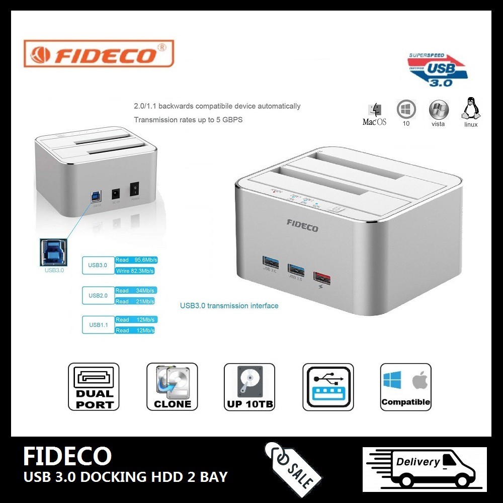 DOCKING FIDECO USB 3.0 DUAL-BAY+USB+TF,SD SLOT TO SATA HDD DOCKING ALUMINUM ALLOY WITH OFFLINE ...