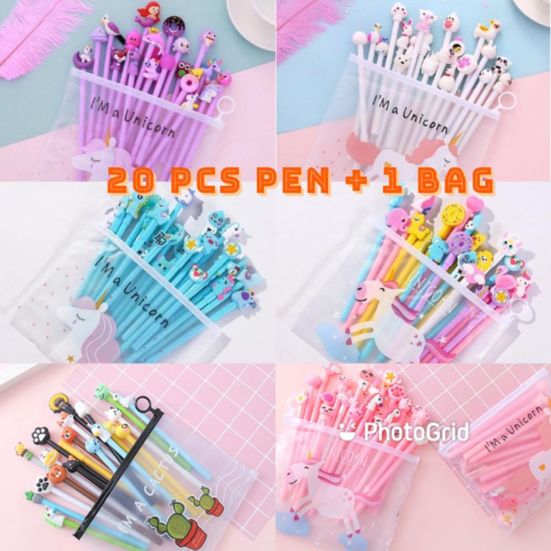 (S.H) 20pcs Cute Cartoon Pen Set Pencil Bag Student Stationery Gift Set ...