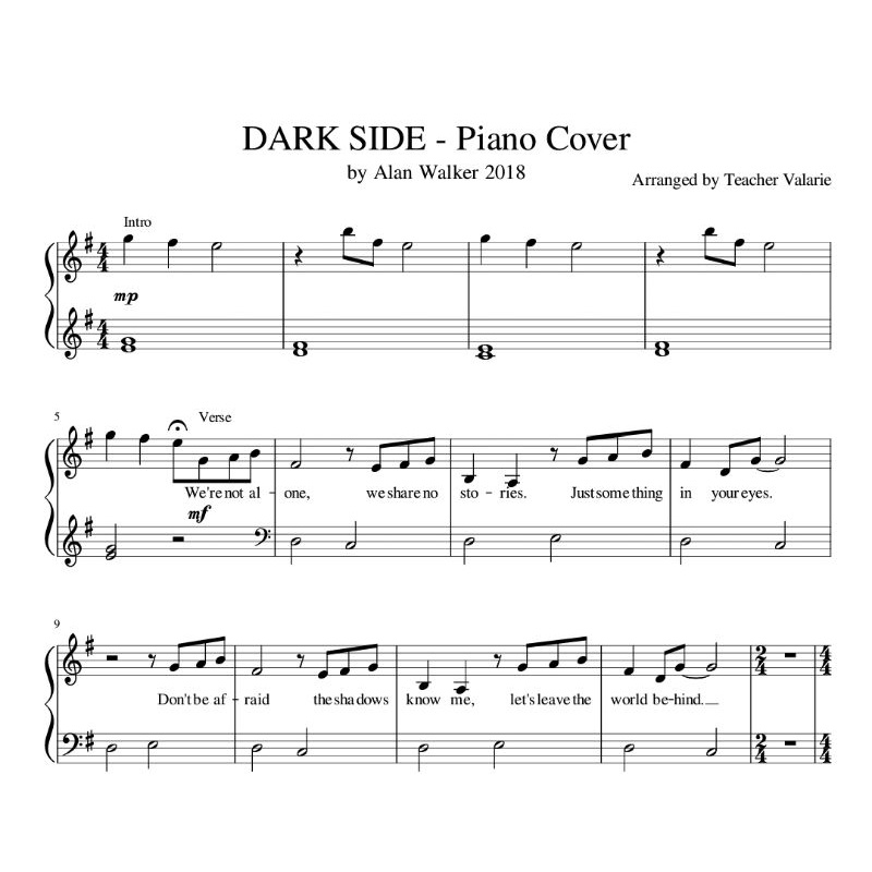 Piano Sheet DARK SIDE (Alan Walker) Piano Solo Easy (2 pages) | Shopee ...