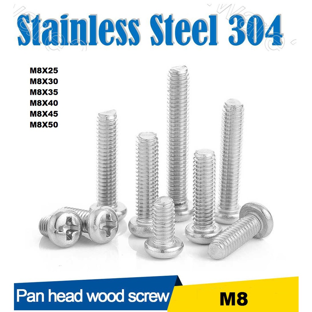 M8 Pan Head Philips Head Screw 304 Stainless Steel SHINY SURFACE Bolt ...