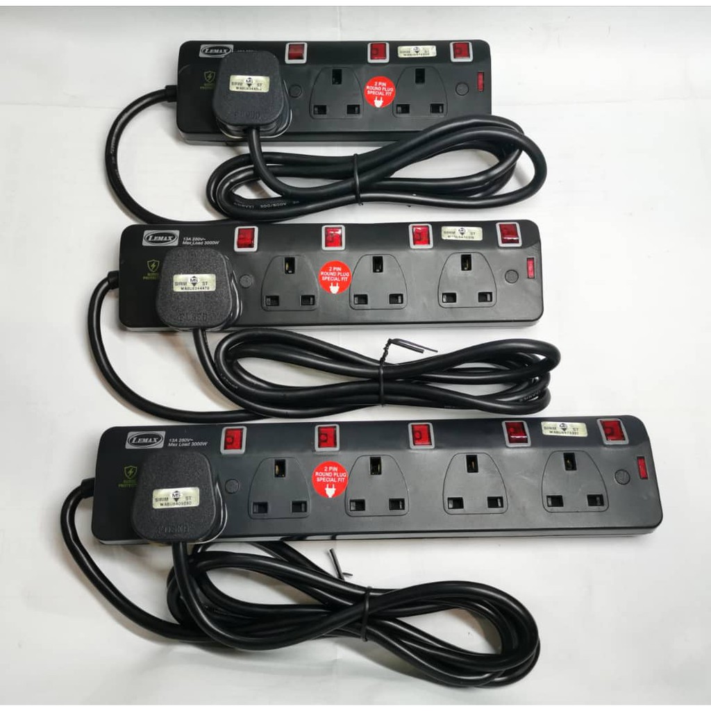 LEMAX 3 GANG EXTENSION SOCKET WITH SURGE PROTECTOR & NEON - 2 METER ...