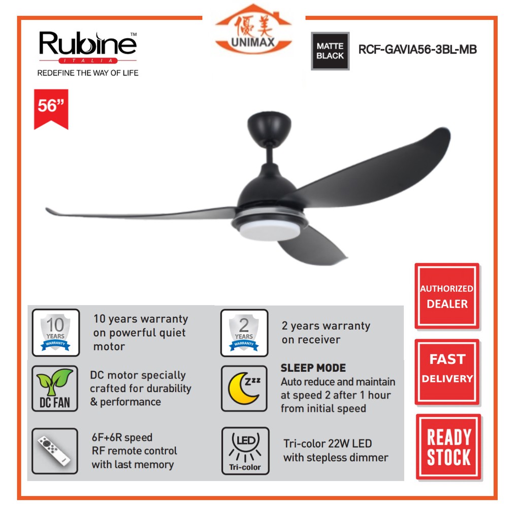 Rubine Ceiling Fan RCF-GAVIA56-3BL-MB DC Motor - 56 Inch / MATT BLACK | Shopee Malaysia