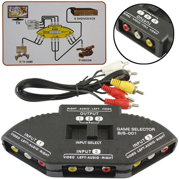 3 Input 1 Output Audio Video AV Selector Switch Splitter Box with RCA ...