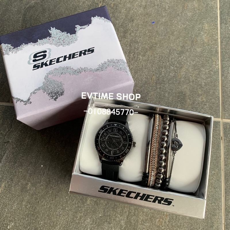 Skechers SR9060 Quartz Black Dial Black Silicone Strap Watch + Bracelets Gift Set (2 Years ...