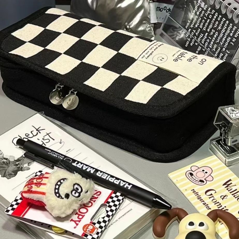 Ohaya丨Canvas Checkerboard Flap Pen Case large capacity pencil bag ...