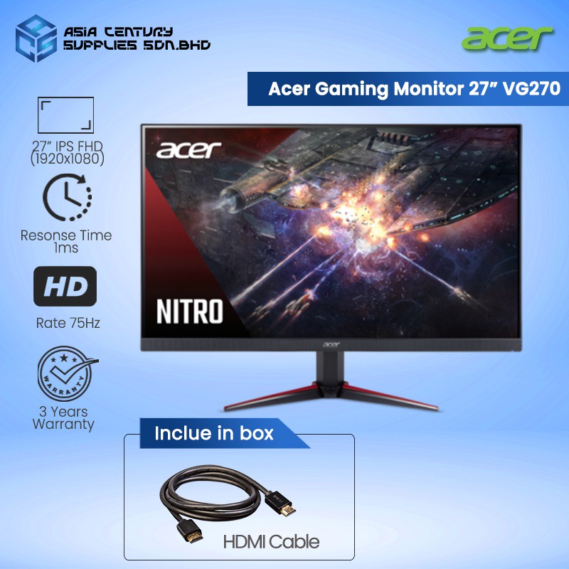 Acer Nitro VG270 27" IPS 75Hz 1ms VBR Gaming Monitor /1920 x 1080 (FHD ...