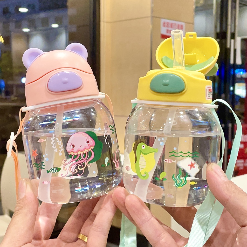 450ML Kids Water Bottle Cute Cartoon Drinking Bottle with Straw and Strap BPA Free Botol Air ...