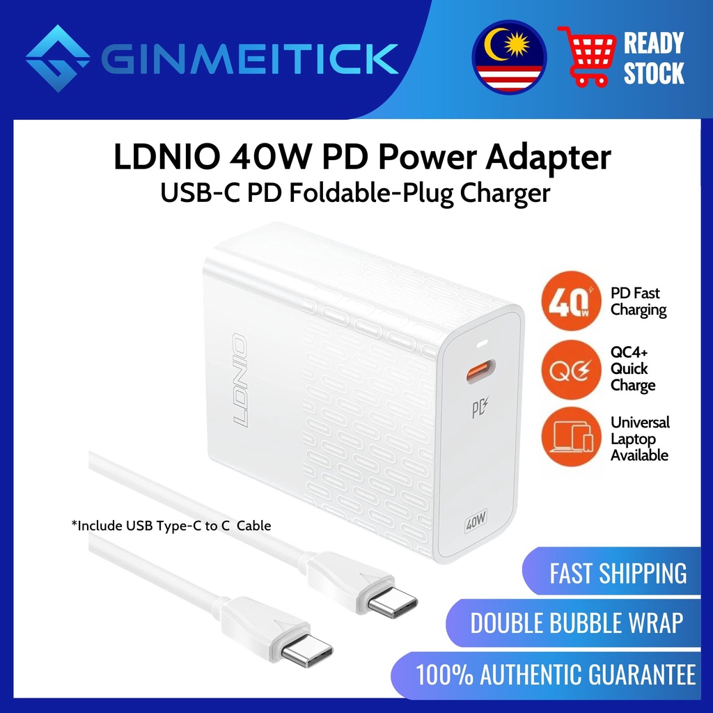 LDNIO 40W USB-C PD Foldable-Plug Power Adapter Charger (A1405C) With Type-C to Type-C Cable ...