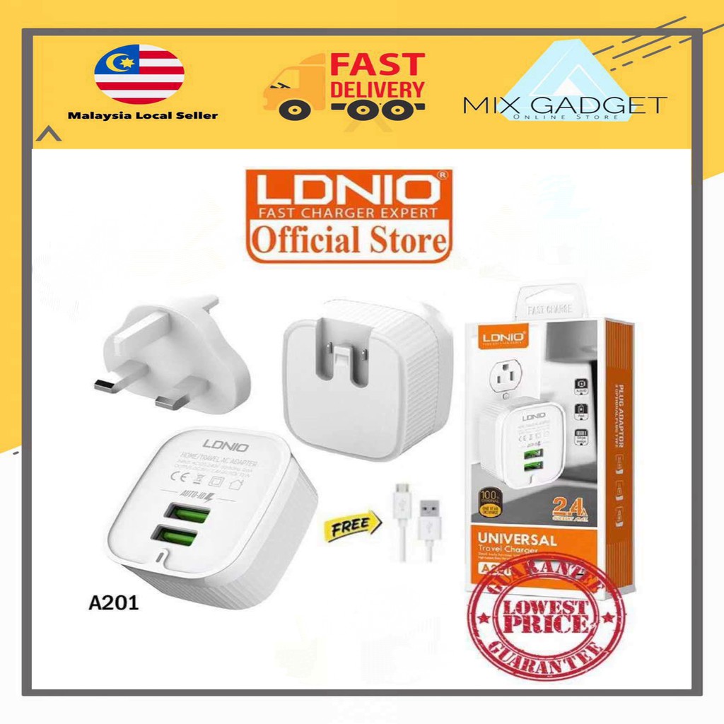 Ldnio A201 Dual USB Outpot Port 2.4a Fast Charging 3 Pin Travel Charger ...