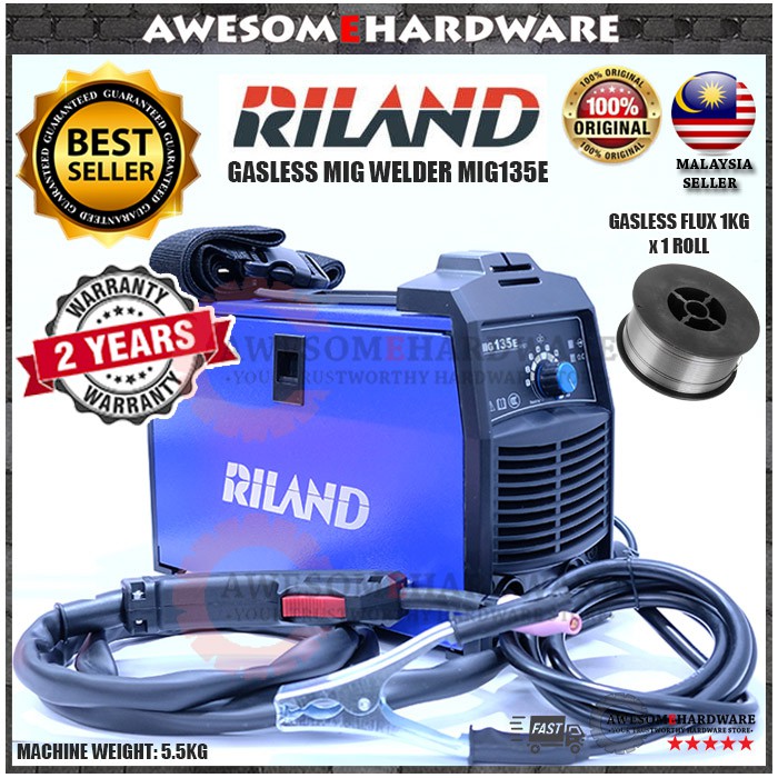 (WARRANTY 2 YEARS) RILAND MIG135E 100A SYNERGY GASLESS MIG WELDING MACHINE WELDER 1 ROLL FLUX ...
