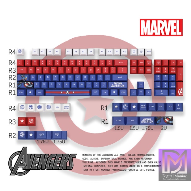 AUTHENTIC Marvel Captain America Keycap PBT 128pcs Cherry Keycaps Fit ...