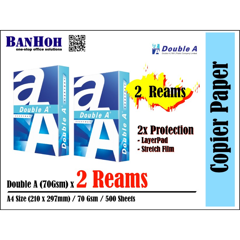 Smartist / Double a / PaperOne A4 Paper 70Gsm x 2 Reams/Pack | Shopee ...