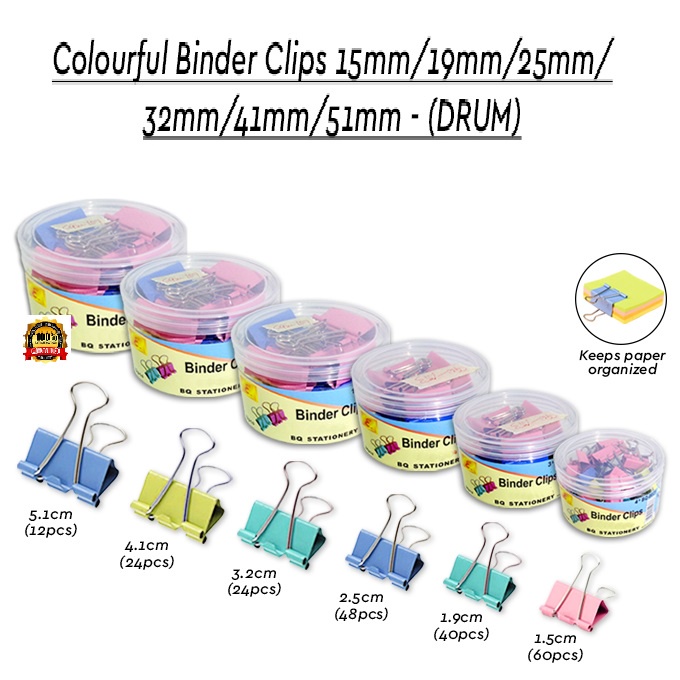 Colour Binder Clip / Paper Clip / Double Clip (Drum) - 15mm / 19mm ...