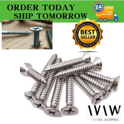 Flat Head Stainless Steel Self Tapping Wood Screw Skru Kayu | Shopee ...
