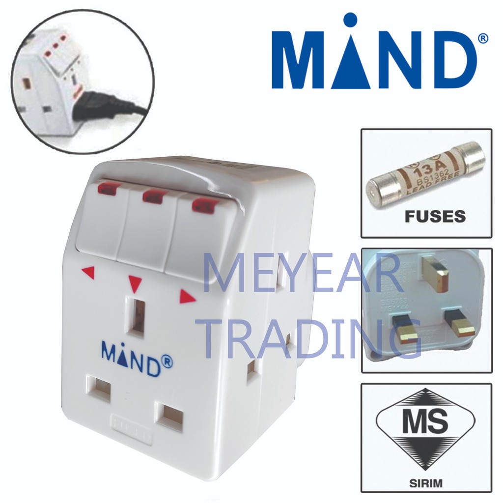 Mind Focus 13a 3 Way Multi Adapter 2 Pin Plug Extension Socket Led Neon Switch S133n 3way