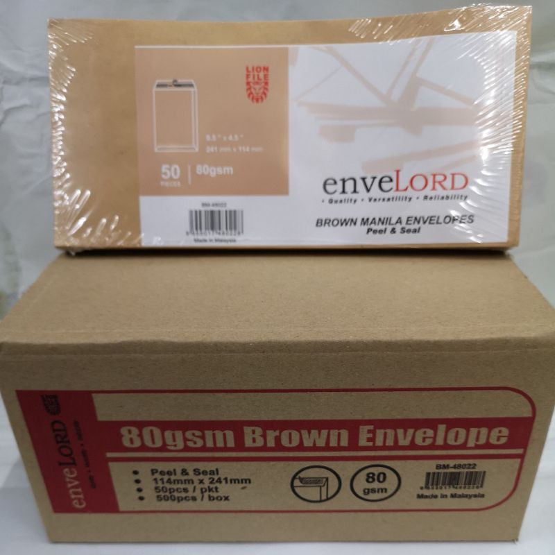 Lion Brown Envelope 80gsm 114mm x 241mm(Peel&Seal) 500pcs/box, Sampul ...