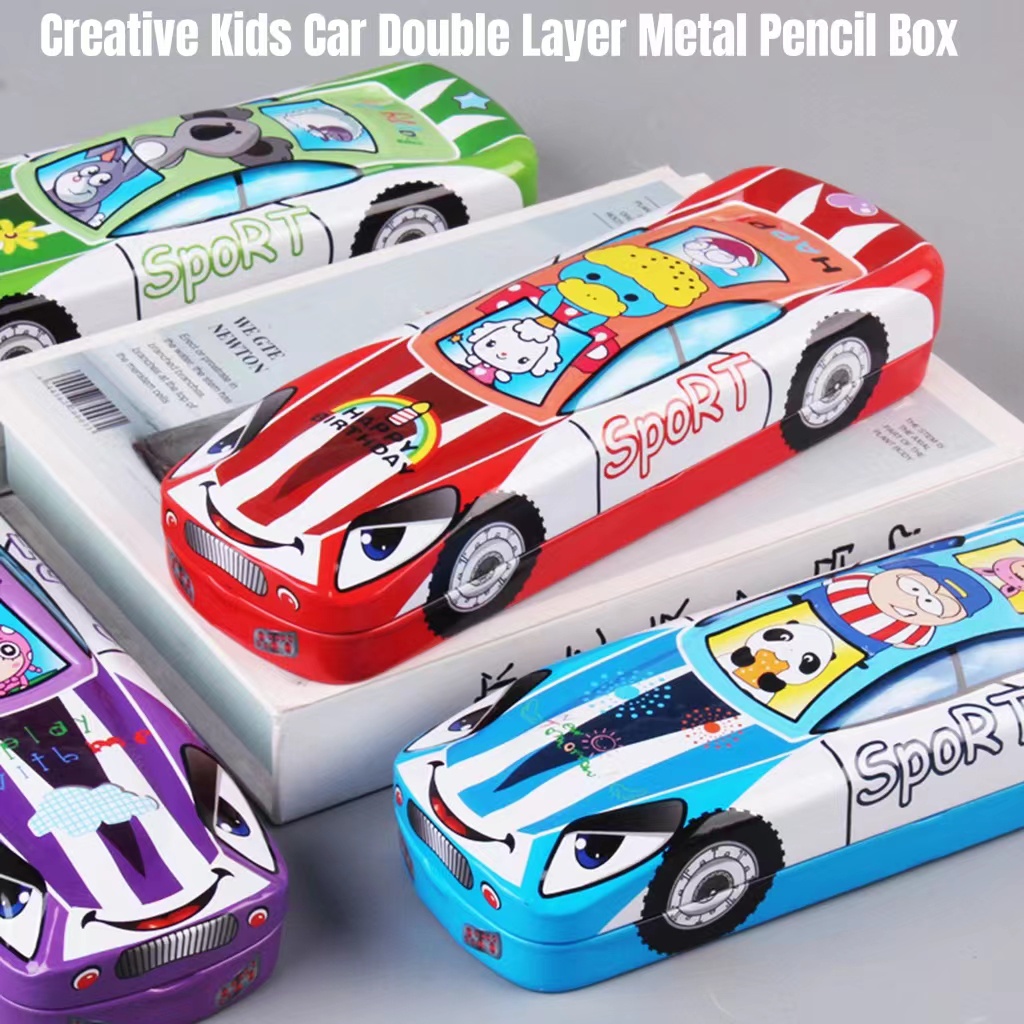 Creative Kids Car Shape Double Layer Metal Pencil Box Bekas Pensel Besi ...