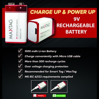MaxTag / Smart Tag 9V 1000 mAh Li-ion Micro USB Rechargeable Battery ...