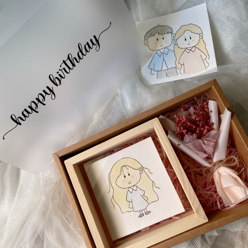 PORTRAIT DRAWING MINI BOUQUET GIFT SET | 手画人像相框小花束礼盒 Birthday Gift ...