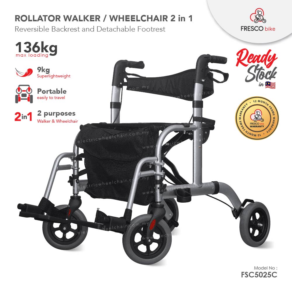 Fresco 9kg Rollator Walker 2 in 1 Wheelchair Reversible Backrest and ...