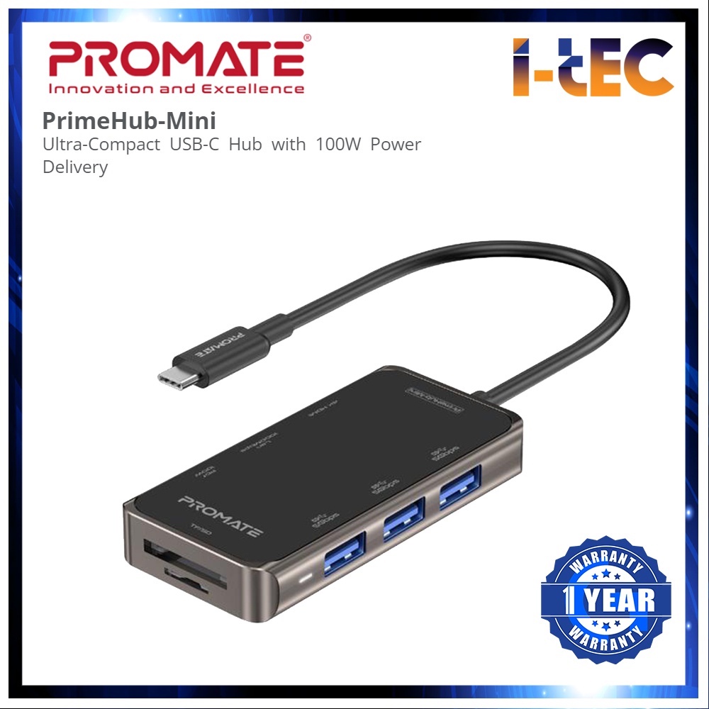 Promate PrimeHub-Mini 8 in 1 Ultra Compact USB-C With 100W Power ...