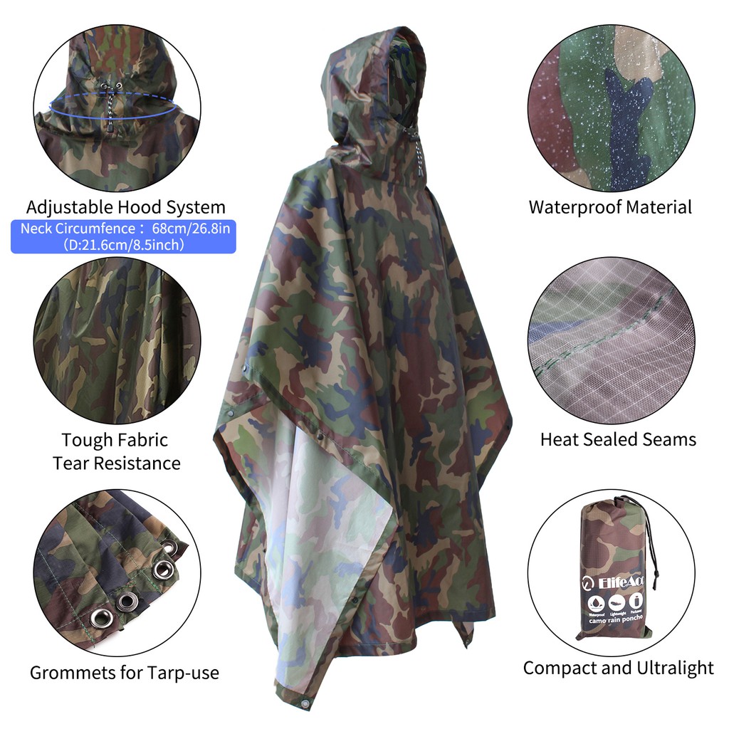 Lightweight Camo Waterproof Hooded Long Raincoat Poncho Camping Tarp ...