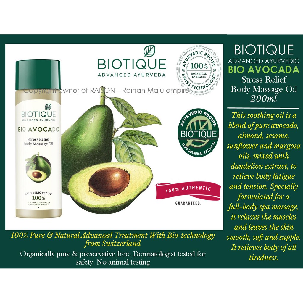 BIOTIQUE ADVANCED AYURVEDIC BIO AVOCADO Stress Relief Body Massage Oil ...