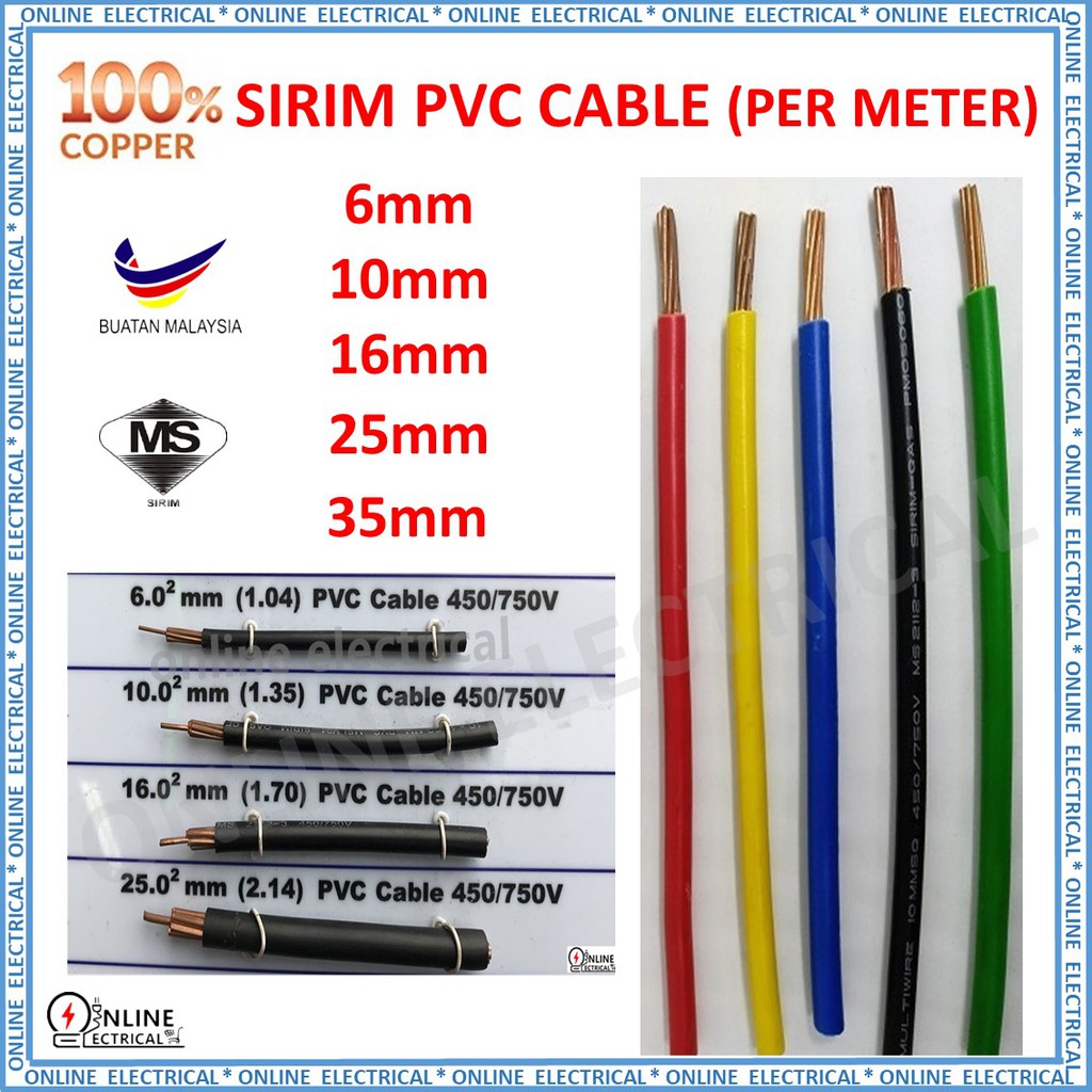 1 METER SIRIM 6mm/10mm/16mm/25mm/35mm PVC CABLE | Shopee Malaysia