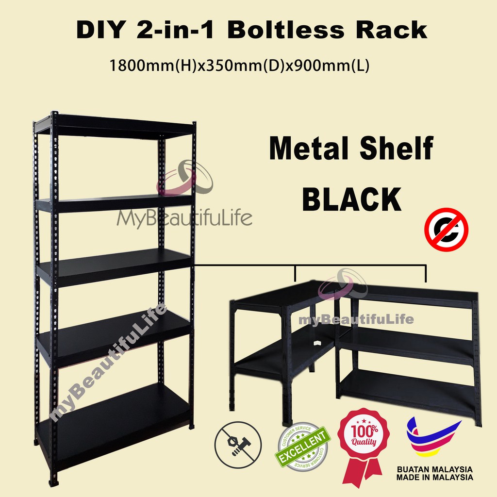 2 in 1 Boltless Rack Rak Besi Metal Rack Steel Rack 5 levels (Black ...