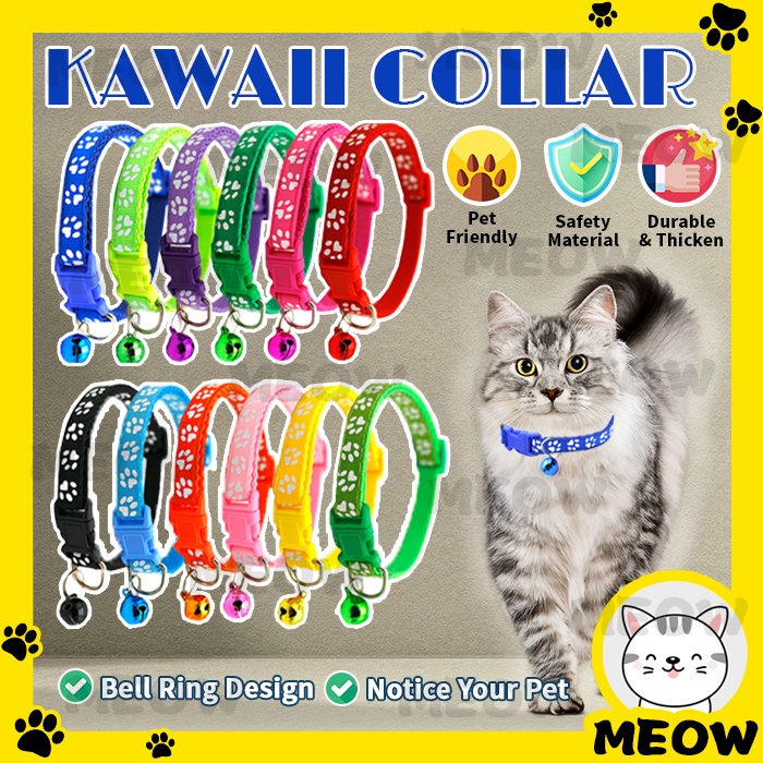 MEOW Kawaii Collar Rantai Kucing Pet Nylon Fabric Cat Collar with Bell ...